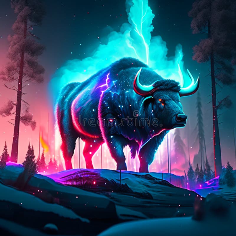 Vector Illustration of Powerful Bison in the Night Sky with Stars ...