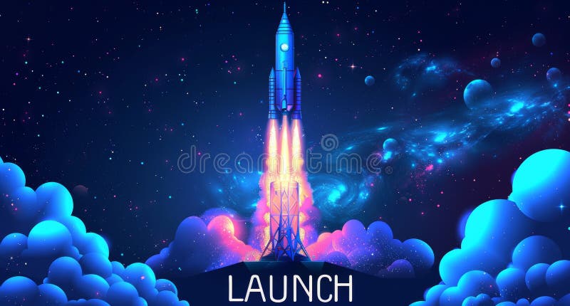 Futuristic Rocket Launch into Deep Space Surrounded by Colorful Nebulae ...