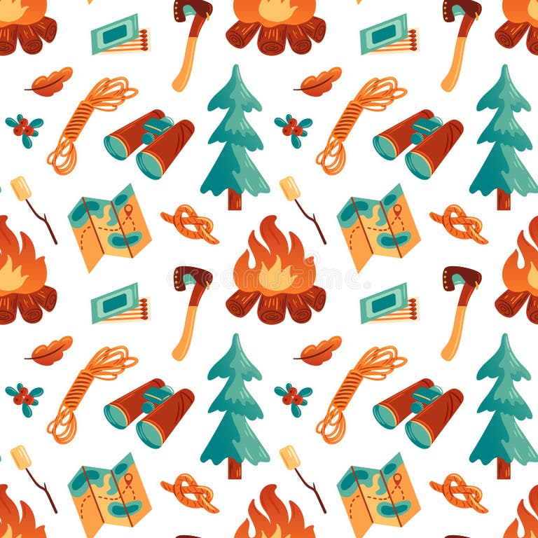 Vector Illustration Presents a Fun Camping Pattern Featuring Campfires ...