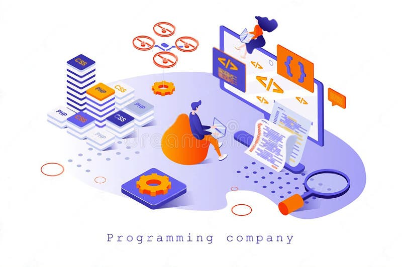 Programming Company Concept in 3D Isometric Design Developer Coding and ...
