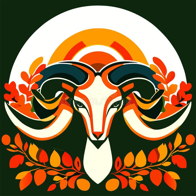 Vector Illustration of a Ram Head with Laurel Wreath and Sun Generative ...