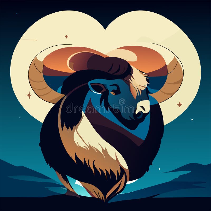 Vector Illustration of a Ram in the Night Sky with a Heart. Generative ...