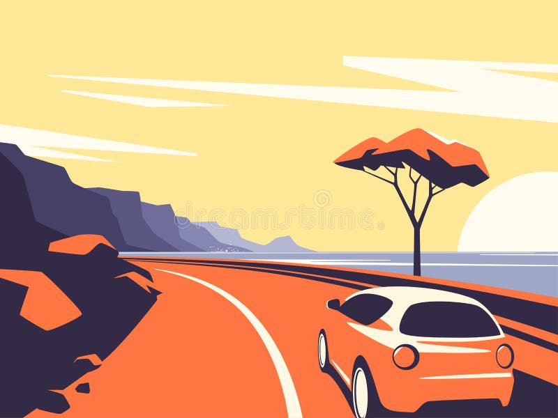 Vector Illustration of a Red Car Moving Along the Ocean Mountain Road ...