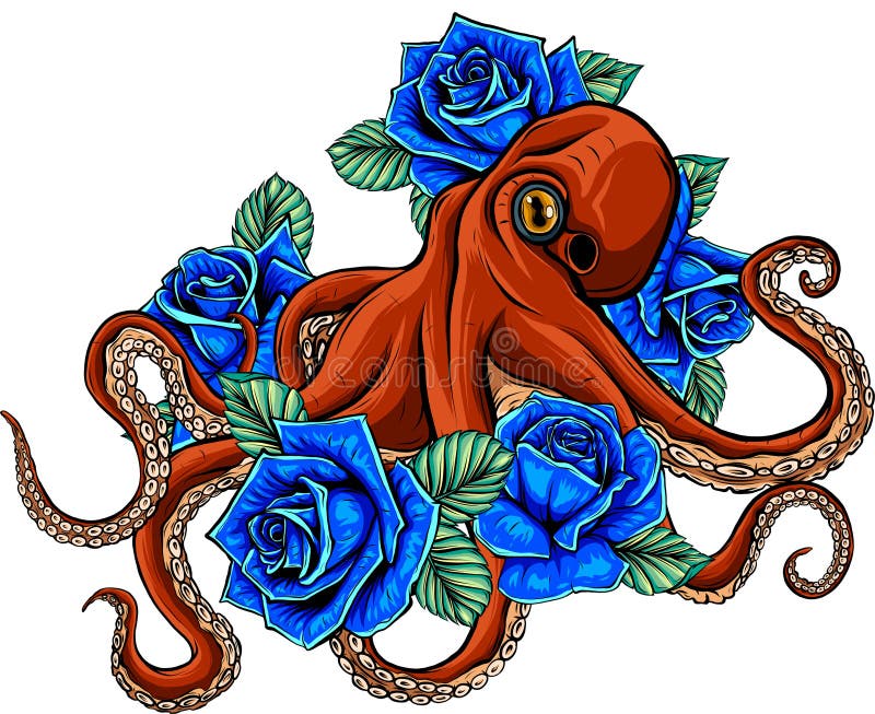 Vector Illustration of Red Octopus with Blue Rose Flowers on White ...