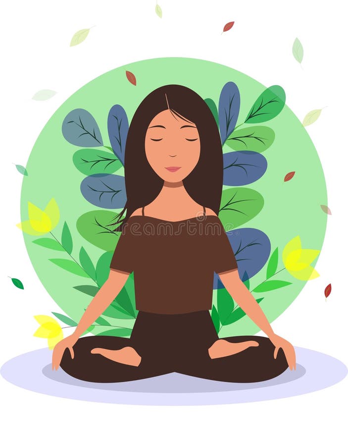 Vector Illustration of Relaxed Young Woman Doing Meditation in Nature ...