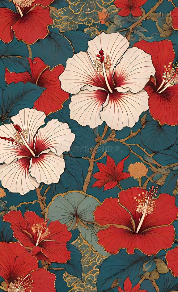 Vector Illustration, Repeating Wallpaper Pattern, Seamless Pattern of Stylized Hibiscus with ...