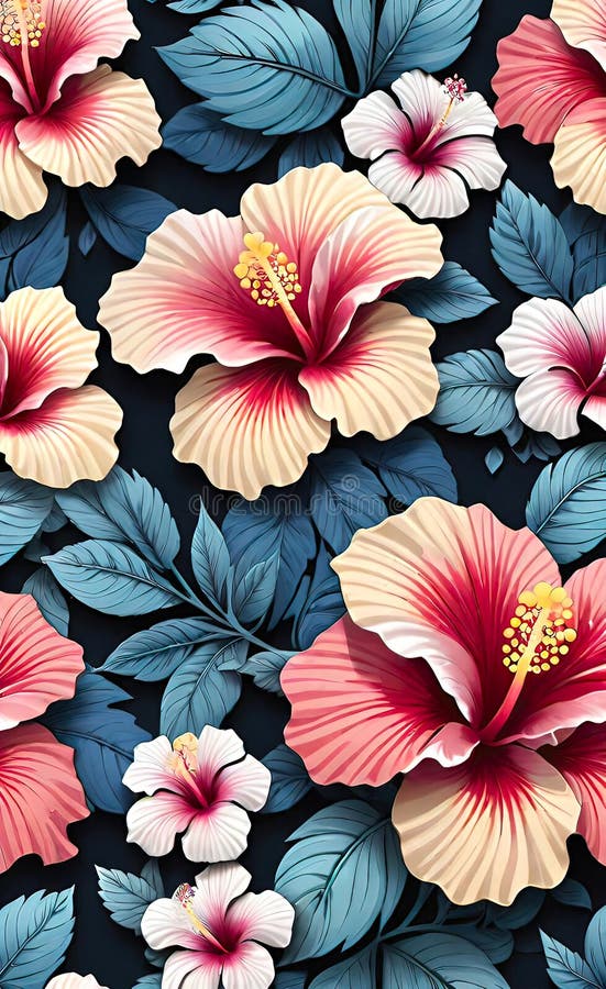 Vector Illustration, Repeating Wallpaper Pattern, Seamless Pattern of Stylized Hibiscus with ...