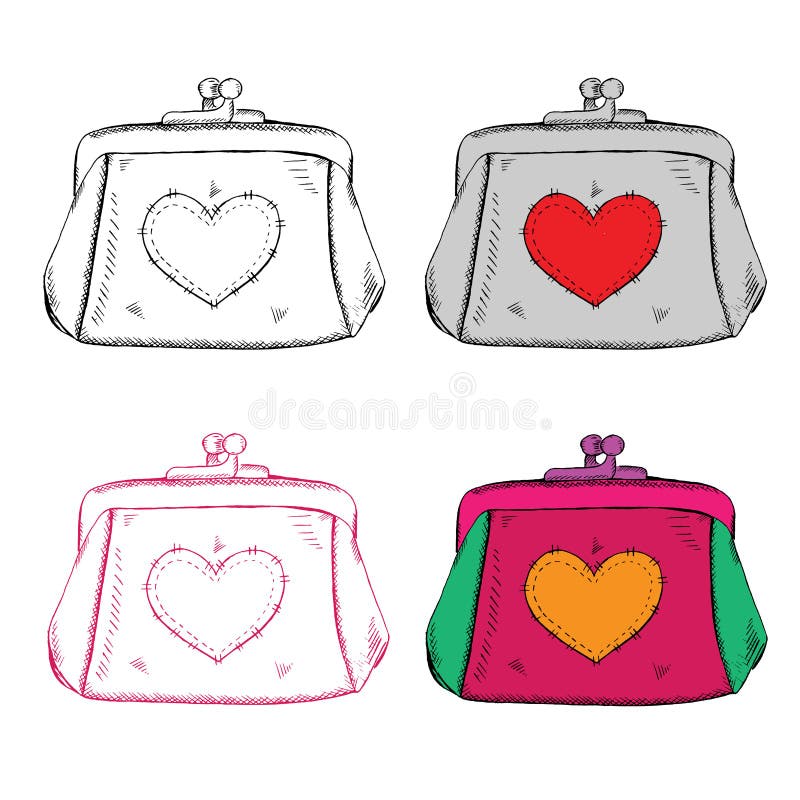 Vector Illustration Retro Sketch Wallet Set Stock Vector - Illustration ...