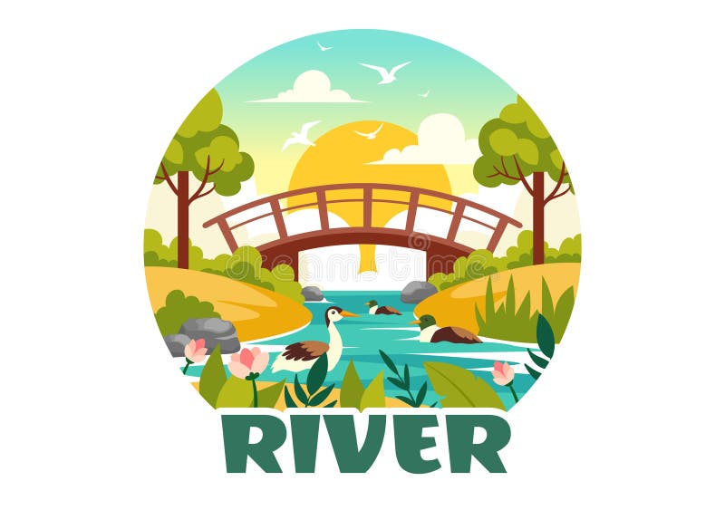 Vector Illustration of a River Landscape with Mountain Views, Green ...