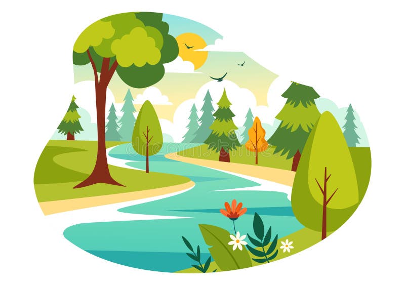 Vector Illustration of a River Landscape with Mountain Views, Green ...