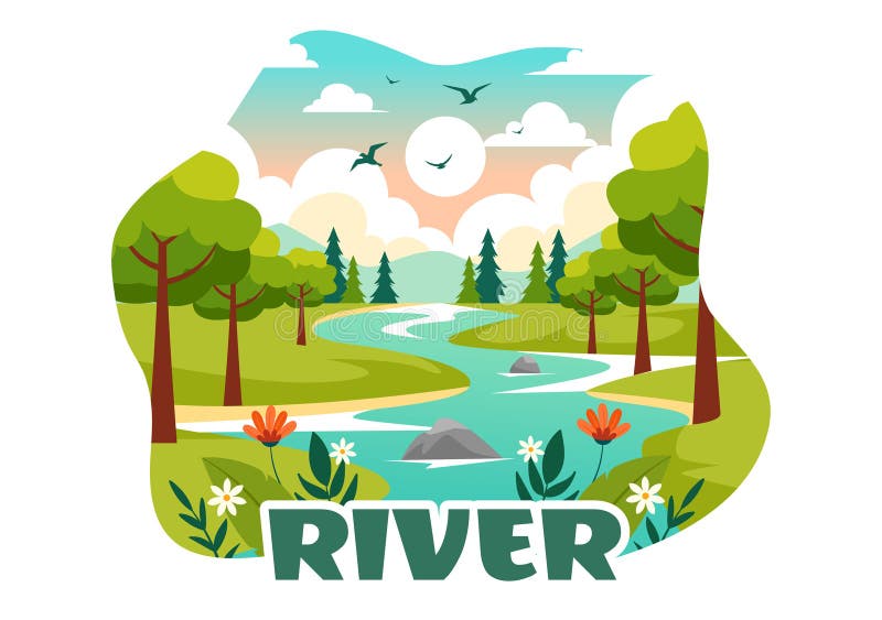 Vector Illustration of a River Landscape with Mountain Views, Green ...