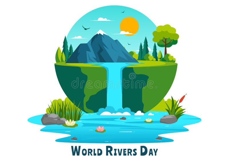 Vector Illustration of a River Landscape with Mountain Views, Green ...