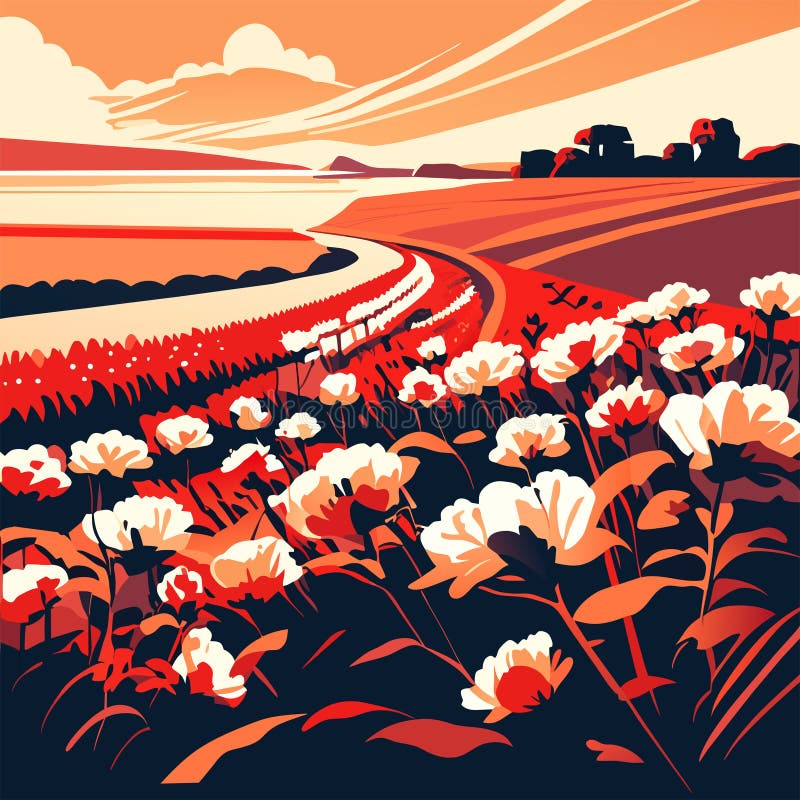 Vector Illustration of a Road through the Field with Blooming Flowers ...