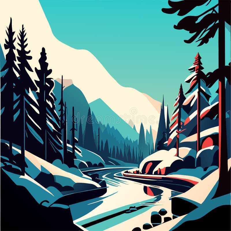 Vector Illustration of the Road in the Mountains. Winter Landscape with ...