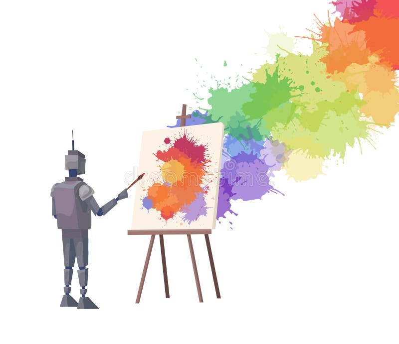 Vector Illustration of a Robot Painting Watercolor Rainbow Splashes on ...
