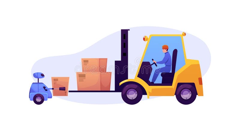 Vector Illustration of Robot Putting Boxes on Forklift Machine with Man ...