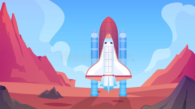 Vector Illustration of a Rocket Standing on the Rocky Surface of the ...
