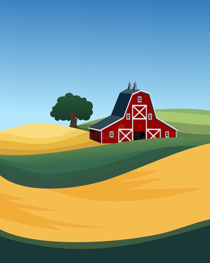 Vector Illustration of Rolling Hills and Red Barn in the Middle Stock ...