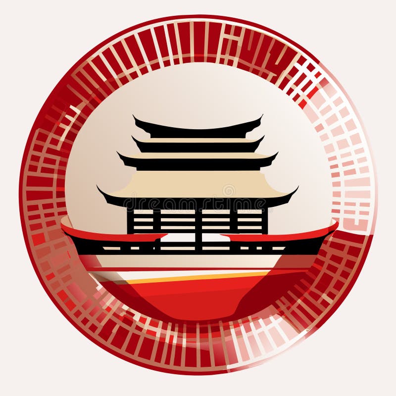 Vector Illustration of a Round Badge with a Chinese Temple in the ...