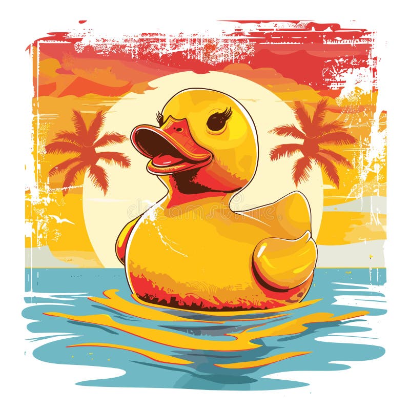Vector Illustration of a Rubber Duck in the Sea on a Sunset Background ...