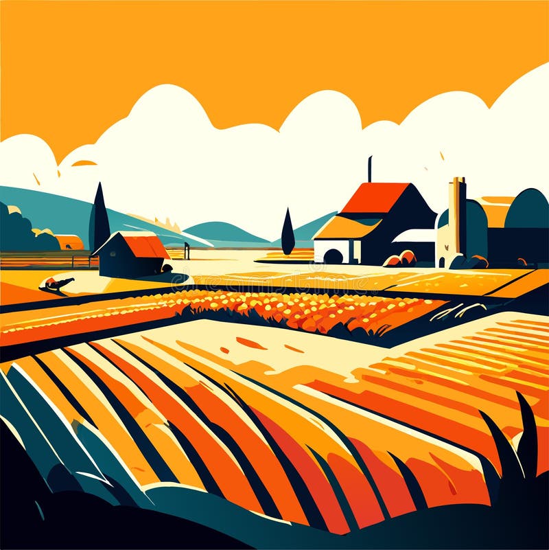 Landscape with Fields and Hills. Vector Illustration in Flat Style ...