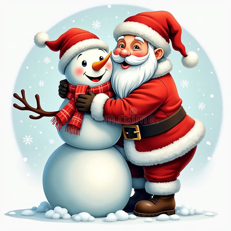 Vector Illustration Santa Hugging Snowman in Happy Mood Celebrating ...