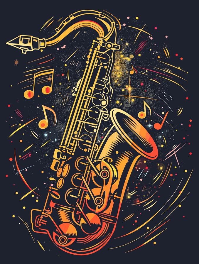 Vector Illustration of a Saxophone on a Dark Background with Musical ...