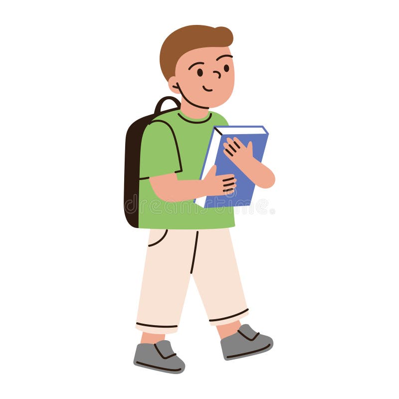 Vector Illustration of School Boy Walking with Book. Cartoon Flat Child ...