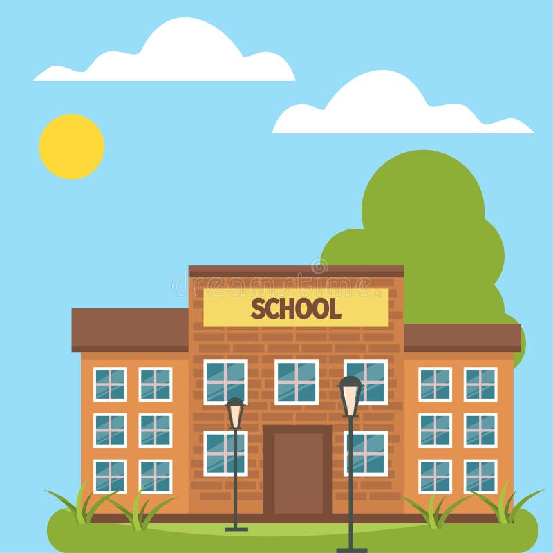 Vector Illustration of School Building. Front Yard. Welcome Back To ...