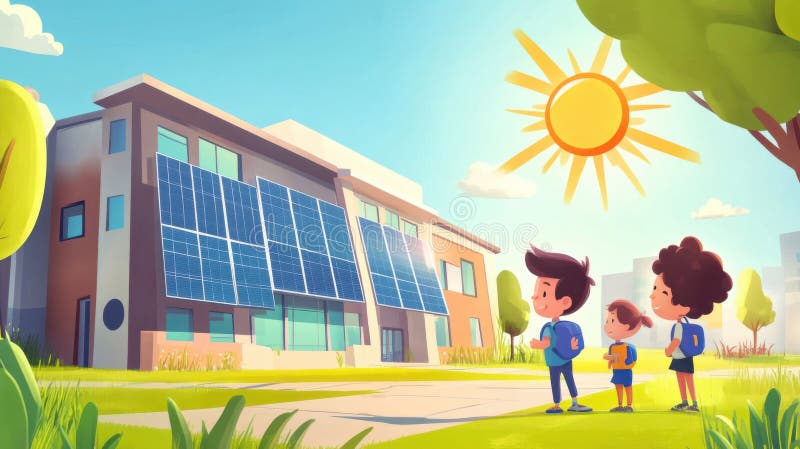 Children with Solar Panels in the Park. Cartoon Vector Illustration of ...
