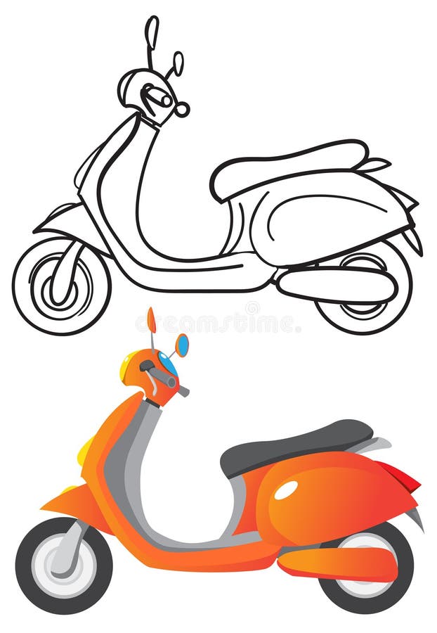 Vector Illustration of Scooter, Outline Black and White Sketch and ...