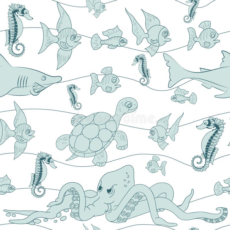 Vector Illustration of Sea Waves with Sea Life Stock Vector ...