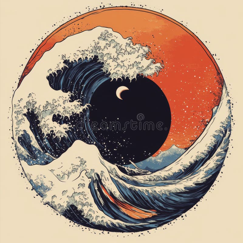 Vector Illustration of Sea Waves with Sun and Moon in Retro Style ...