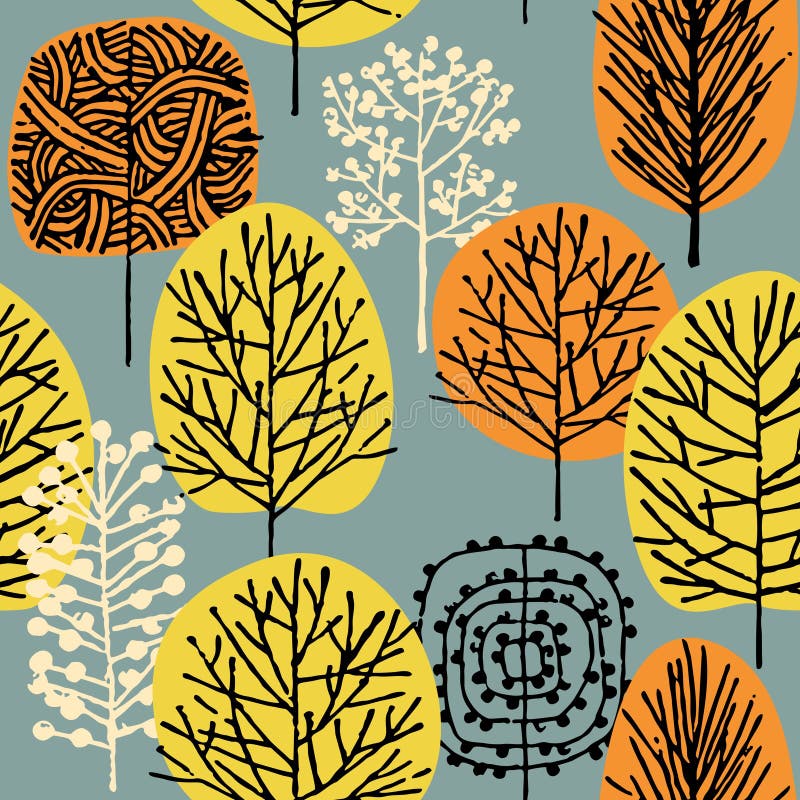 Seamless Pattern with Trees. Drawing of Autumn Forest by Hand. Stock ...