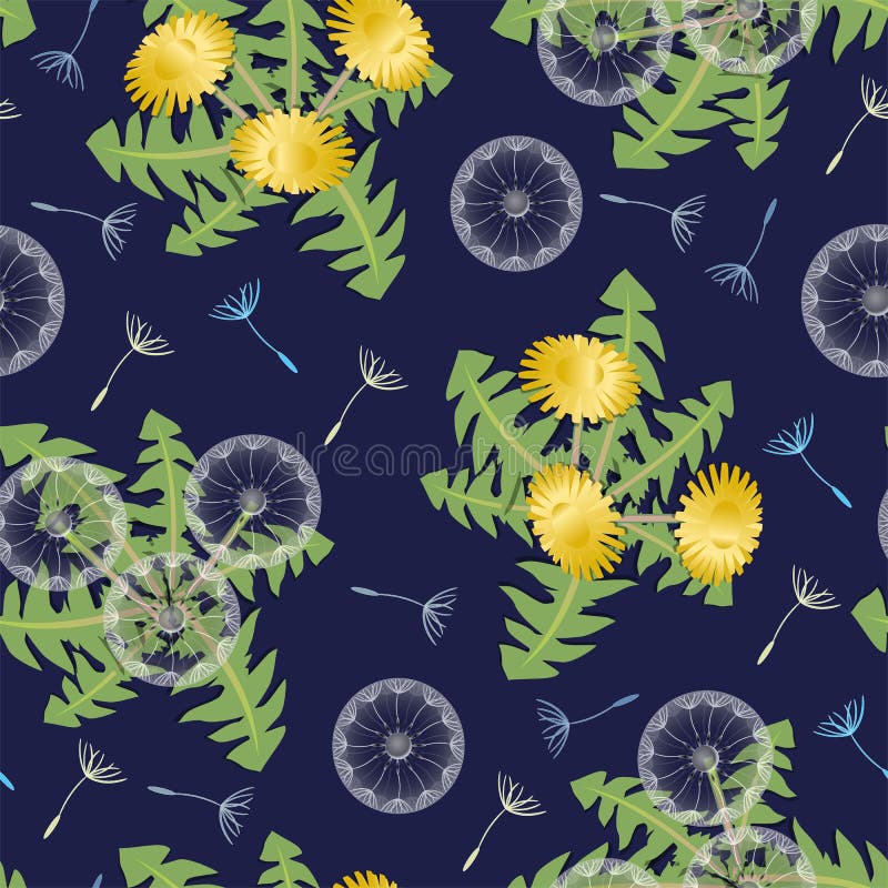 Seamless Pattern of Dandelion Bushes on a Blue Background Stock Vector ...