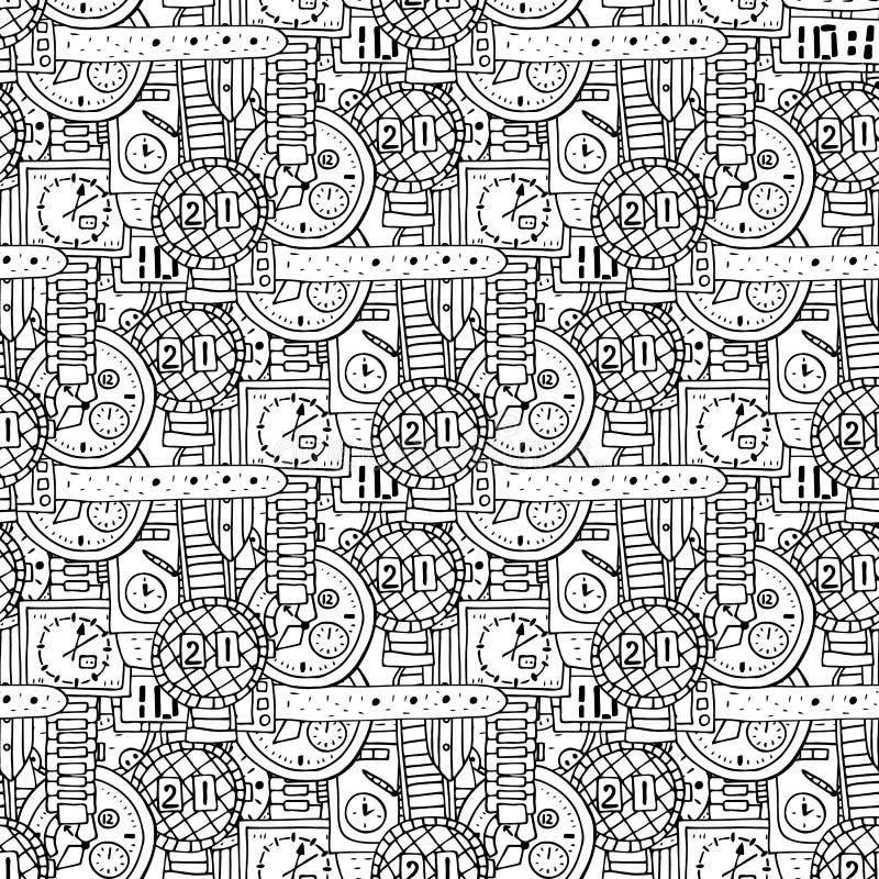 Vector Illustration. Seamless Pattern of Different Clocks in Doodle ...