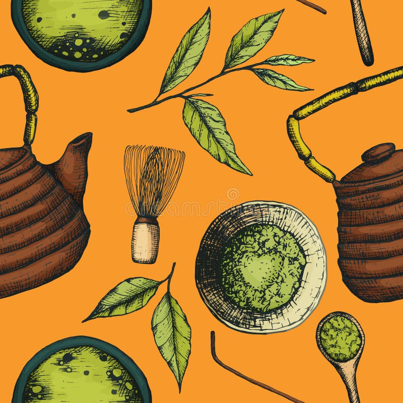 Vector Illustration of a Seamless Pattern Ingredients for Matcha Tea ...
