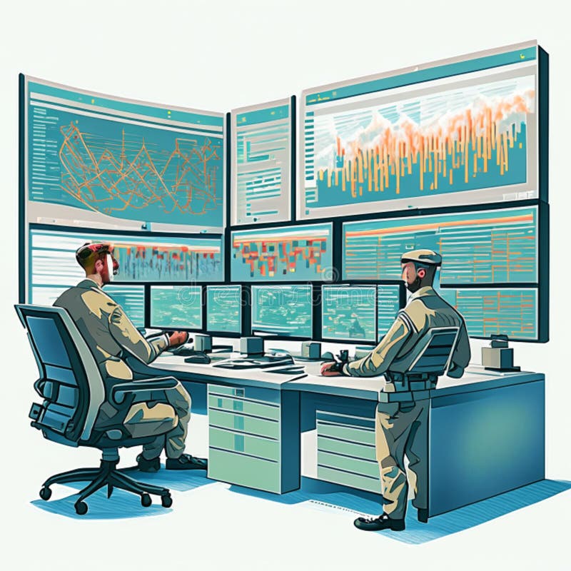Vector Illustration of the Security Guard in the Surveillance Room with ...
