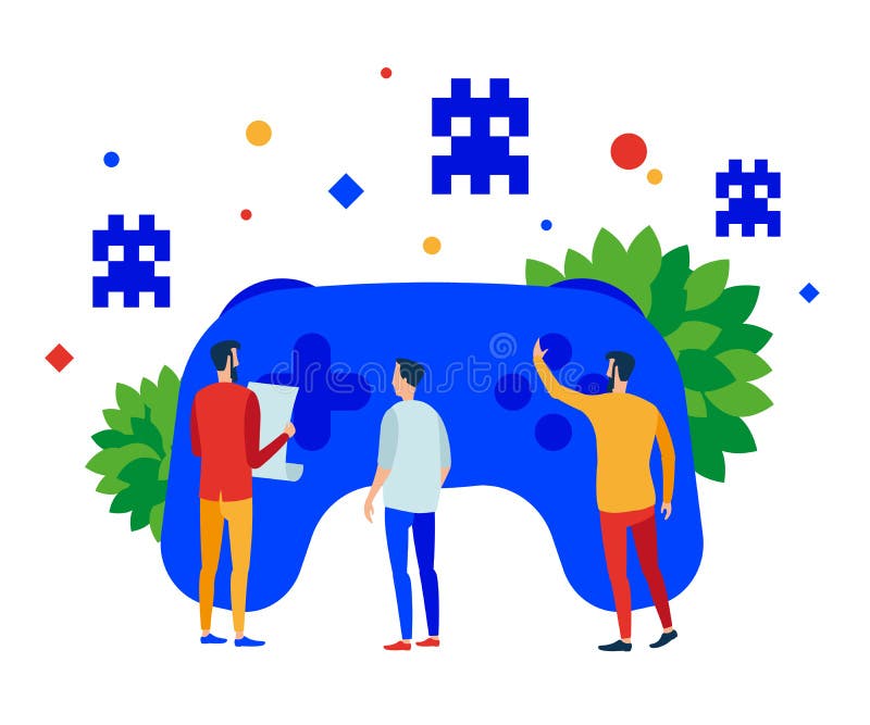 Gamedev In Progress The Development Team Is Working On The Creation Of Games Stock Vector