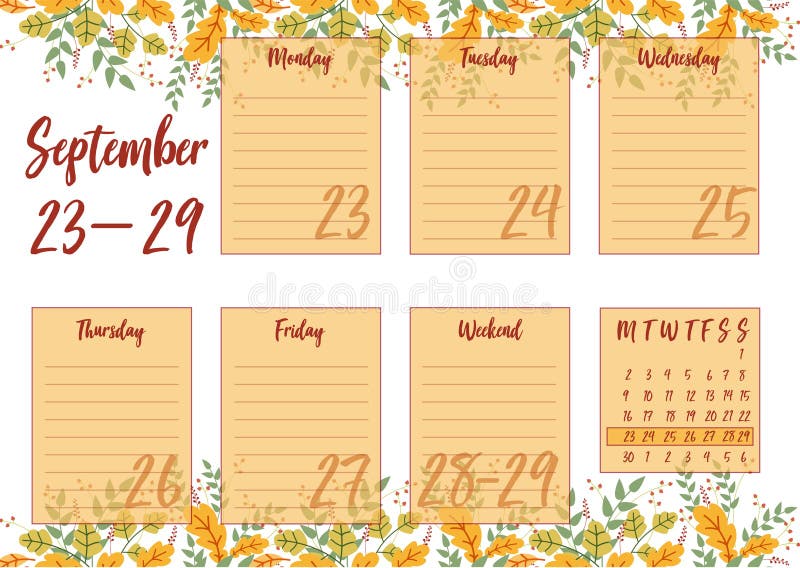 Vector Illustration of September 2019 Weekly Planner Stock Vector ...