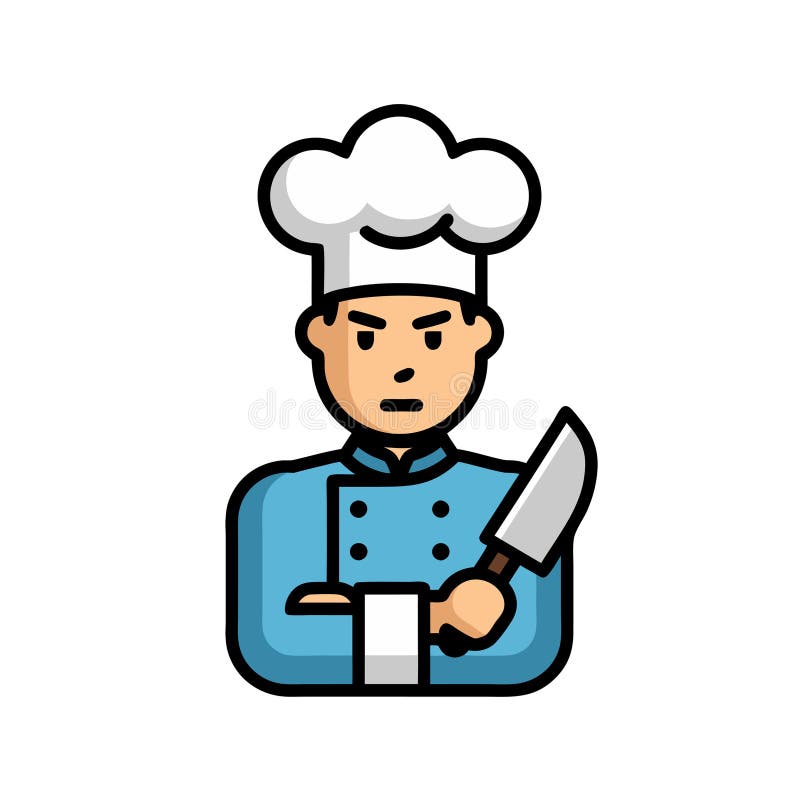 Vector Illustration of Serious Chef Holding Knife in Blue Uniform for ...