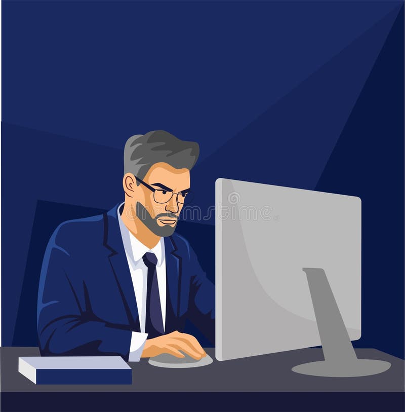 Vector Illustration. Serious Man in a Business Suit Working at a Laptop ...