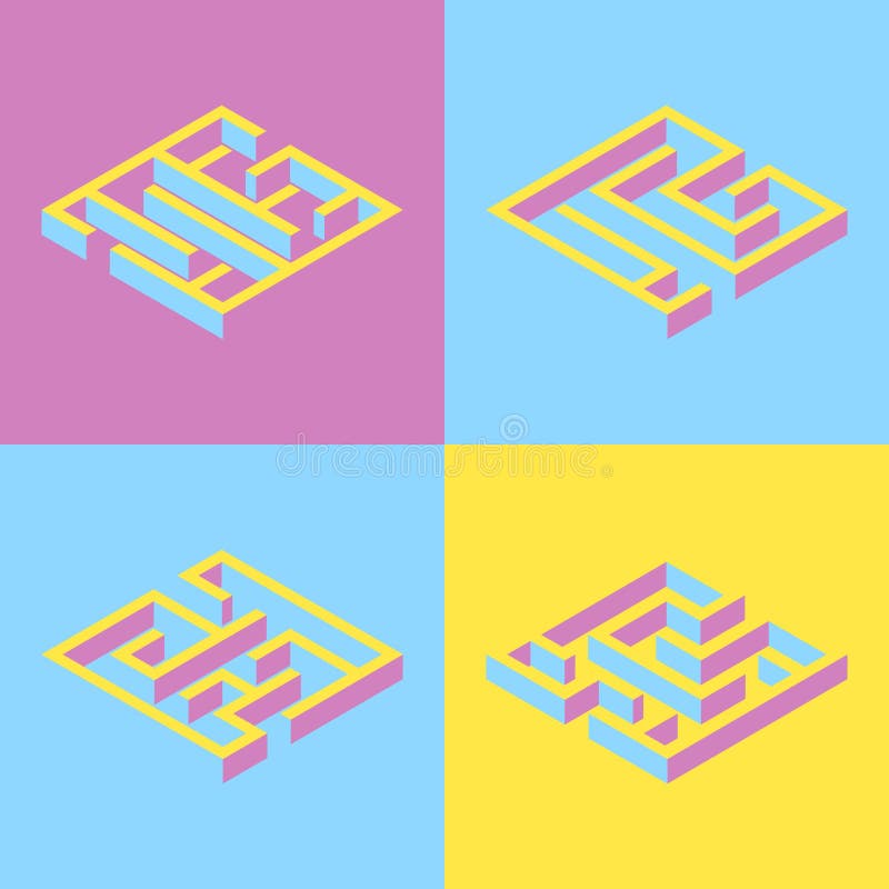 Vector Illustration. Set of 4 Abstract Square Maze, Isometric. Y Stock ...