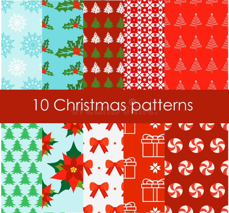 Vector Illustration of Set of 10 Bright and Fun Christmas Patterns in ...