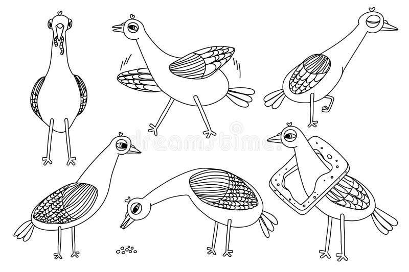 Vector Illustration of a Set of Doves in Doodle Style on a White ...