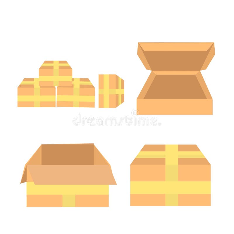 Vector Illustration Set of an Empty Boxes with Tape Isolated on White ...