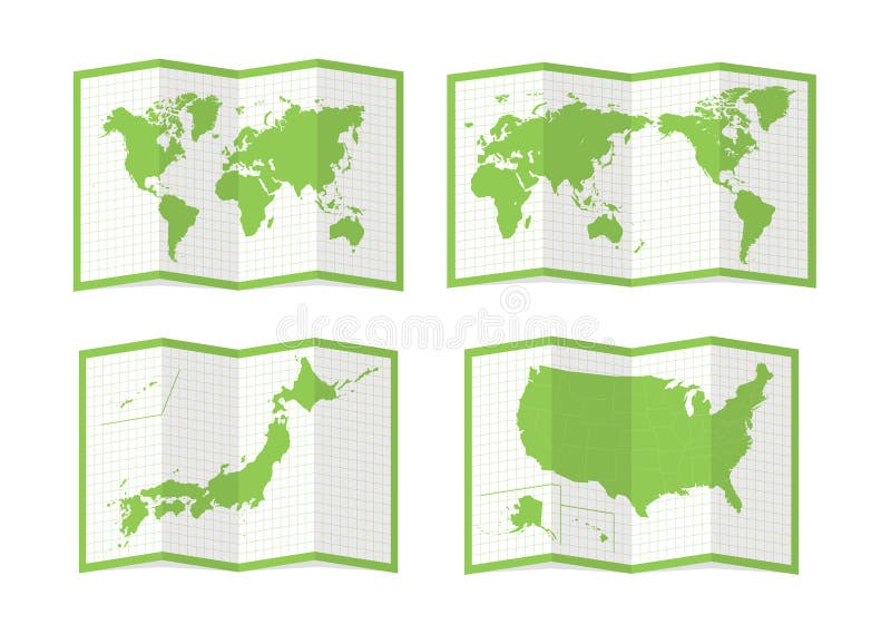 Illustration Set of Four-fold Maps (world Map, Japan, USA Stock Vector ...