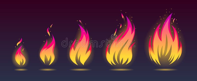 Vector Illustration Set of Growing Fire Flames Icons on Dark Background ...