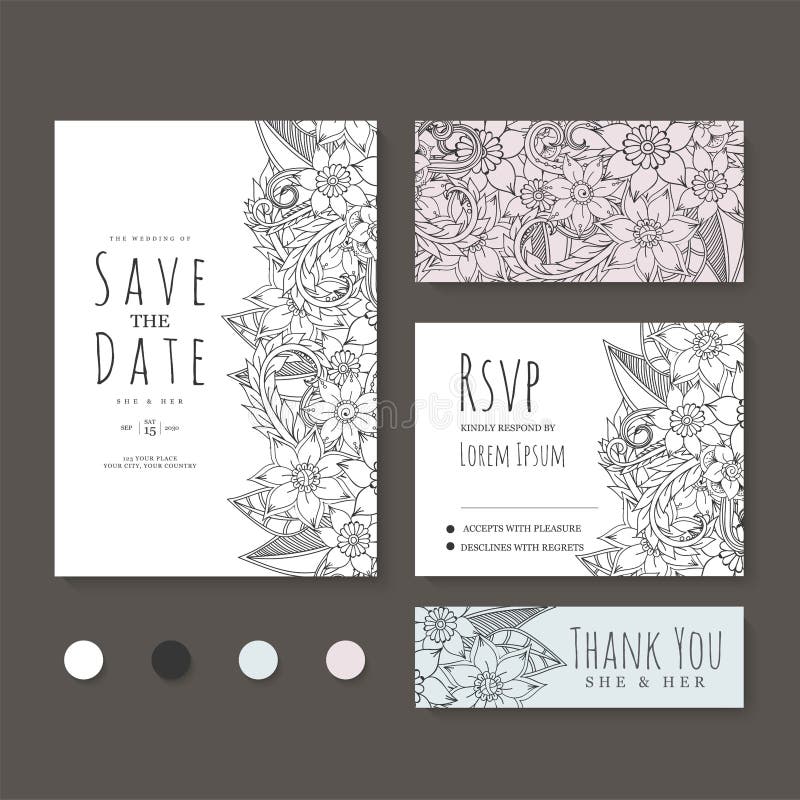 Vector Illustration Set of Hand Drawn Flowers Cards for Wedding Stock ...