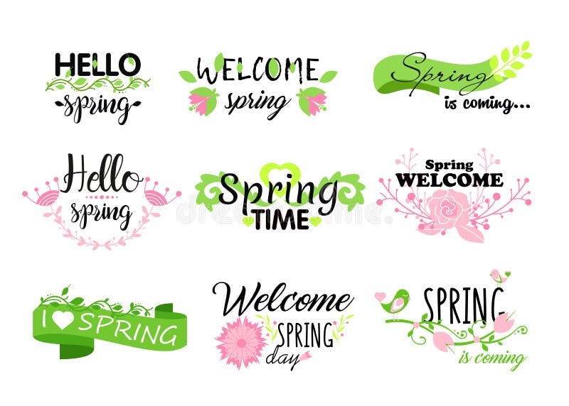 Vector Illustration Set of Hello Spring Lettering Typography ...